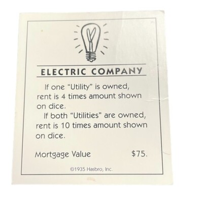 Monopoly Classic Electric Company Utility Property Title Deed Card ...