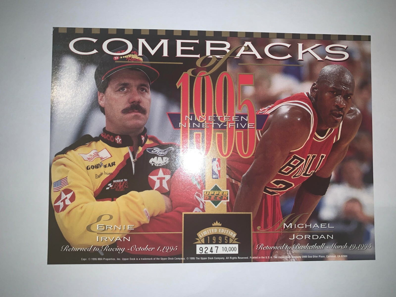 M.JORDAN/E.IRVAN '95 UD COMEBACKS Ser.#9247/10000 Oversized Card 5 x 7 ...