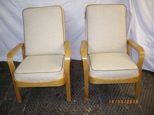 Pair of Mid Century Eric Lyons 'Tecta' Chairs, Linen/ Leather; Restored ...