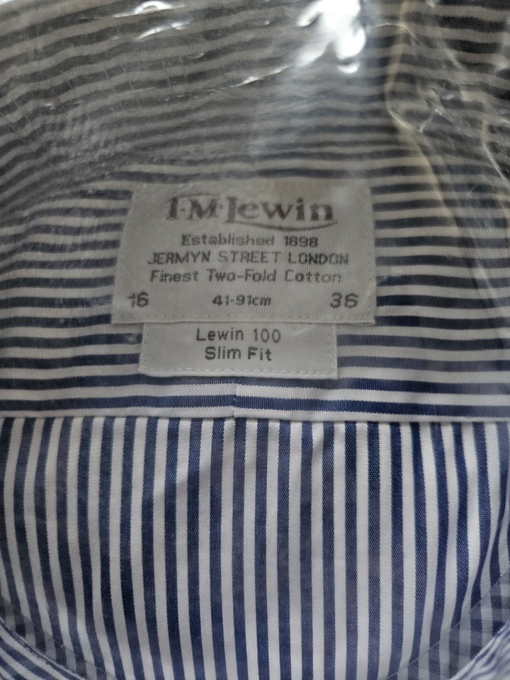 TM Lewin Navy Striped Slim Fit Shirt. Cutaway Collar. Double Cuff. 16/ ...