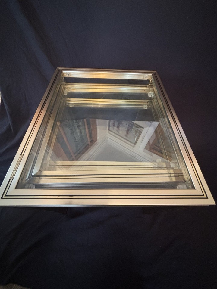 PIERRE VANDEL PARIS NEST OF THREE TABLES GOLD METAL WITH BEVELED GLASS ...