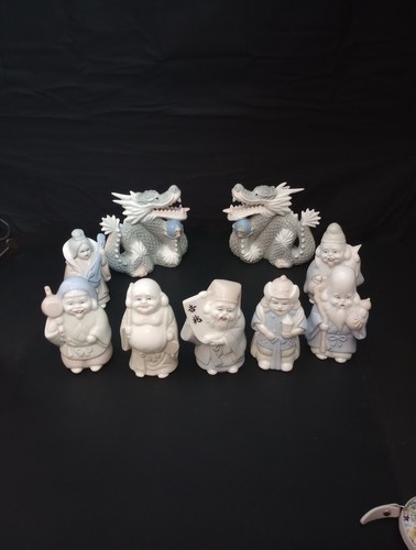 Pair of Yashimi K Porcelain Light Blue Dragon & 7 Lucky Gods Figurines ...