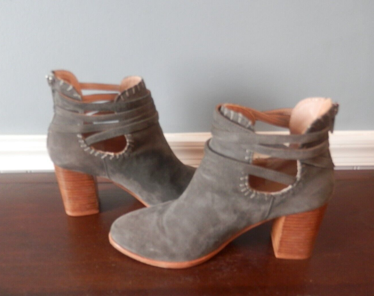 Anthropologie Women's Gray Suede Wrapped Strap Stacked Heel Ankle Boot ...