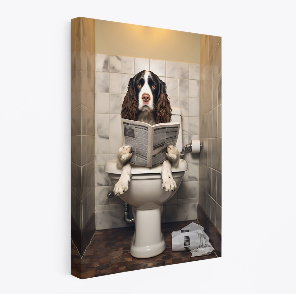 Springer Spaniel Dog Reading Paper On Toilet Canvas Print Wall Art ...