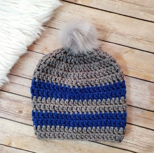 Blue & Grey Striped Beanie, Cute Hats Beanies Gift Ideas Unisex Beanies ...