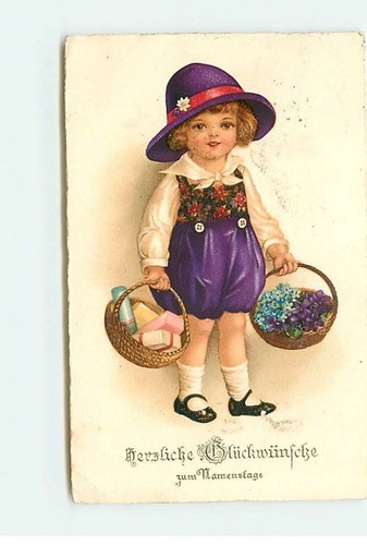 Anniversaire - Clapsaddle - Fillette portant des paniers, un rempli de ...