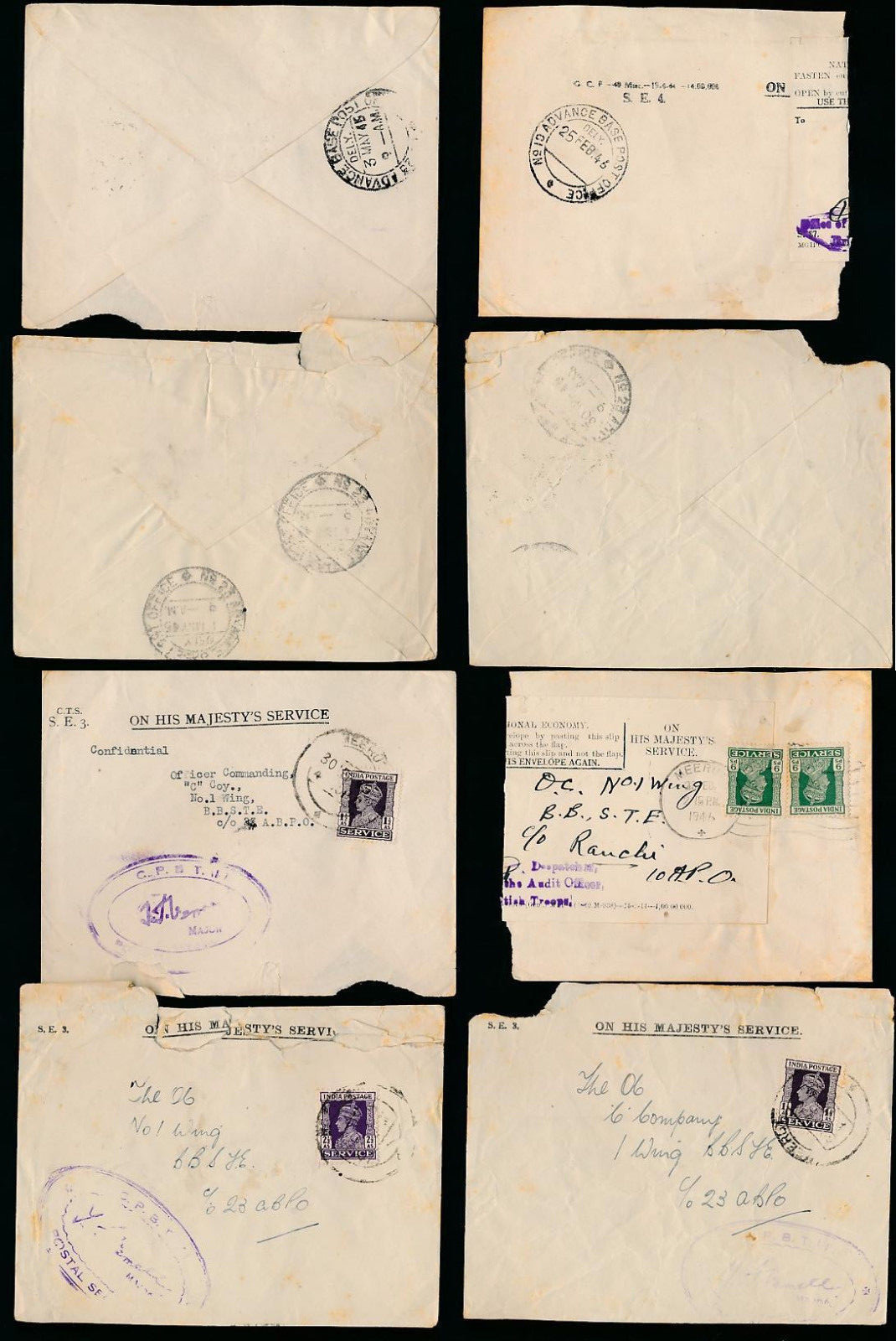 INDIA WW2 OFFICIAL ENVELOPES with STAMP FRANKINGS + CPBT OVALS...4 ...