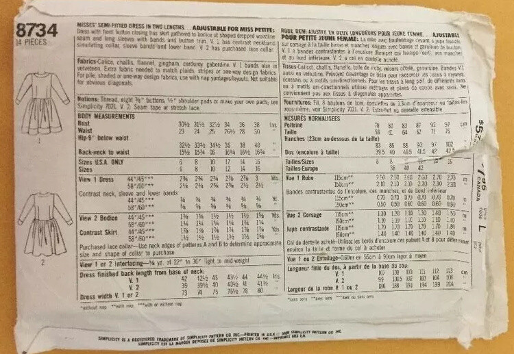 Vintage Simplicity Pattern #8734 Dress Size H (6+8+10) Uncut, Factory ...