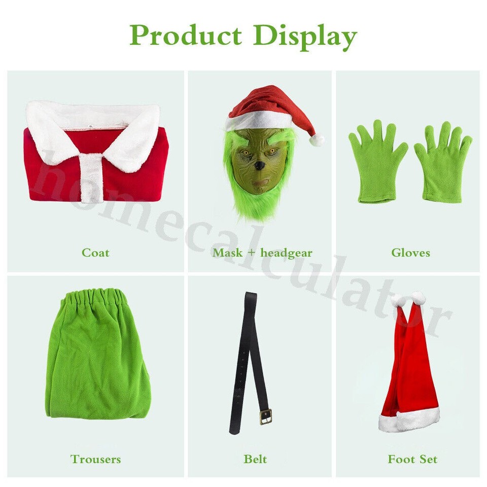 The Grinch Costume Mask Cosplay Adult Christmas Santa Suit Fancy Dress ...