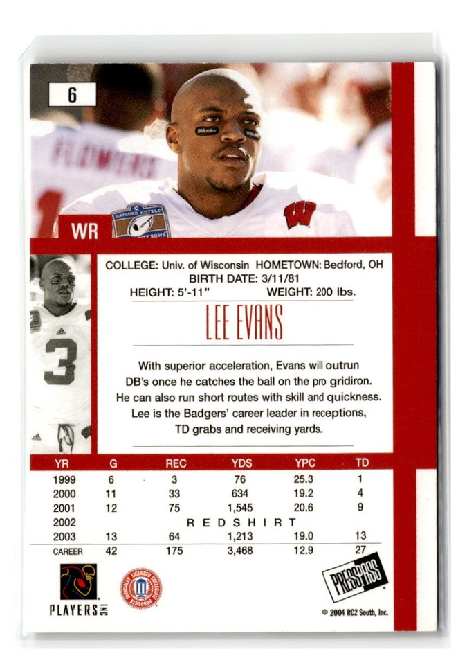 2004-Press Pass SE First Down Gold-#6-Lee Evans -Wisconsin Badgers | eBay