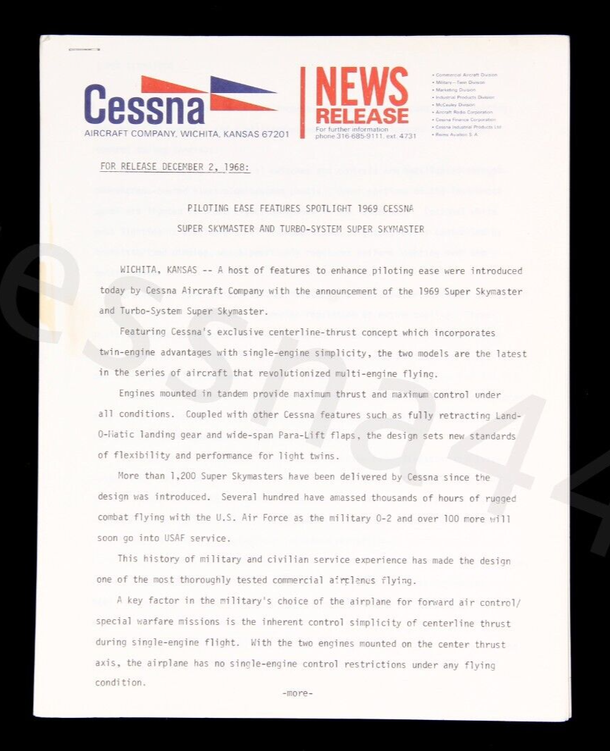 CESSNA News Release Memo Original 1968 1969 Super Skymaster Features 9 ...