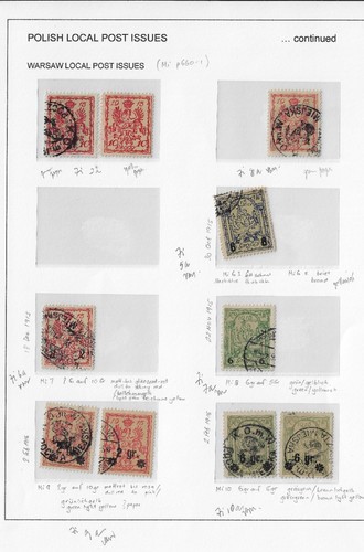 Poland Warsaw local post varieties x 10, written up as to paper type ...
