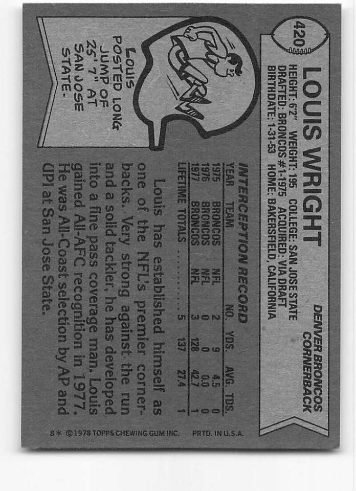 1978 Topps #420 Louis Wright VG Very Good RC Rookie Broncos 115219 | eBay