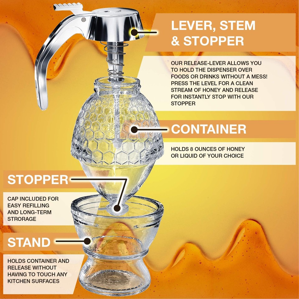 Honey Dispenser – No Drip Glass with Stand – Honey Jar – Clear Glass ...