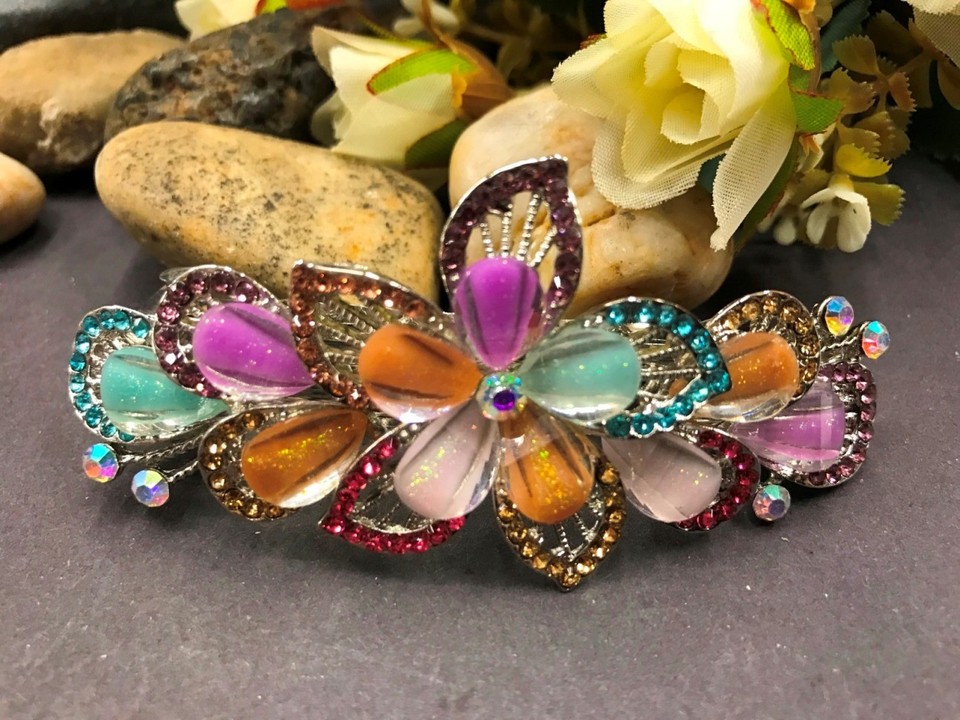 Beautiful Silver Tone Hair clip Flower Rhinestone Crystal multi Color ...