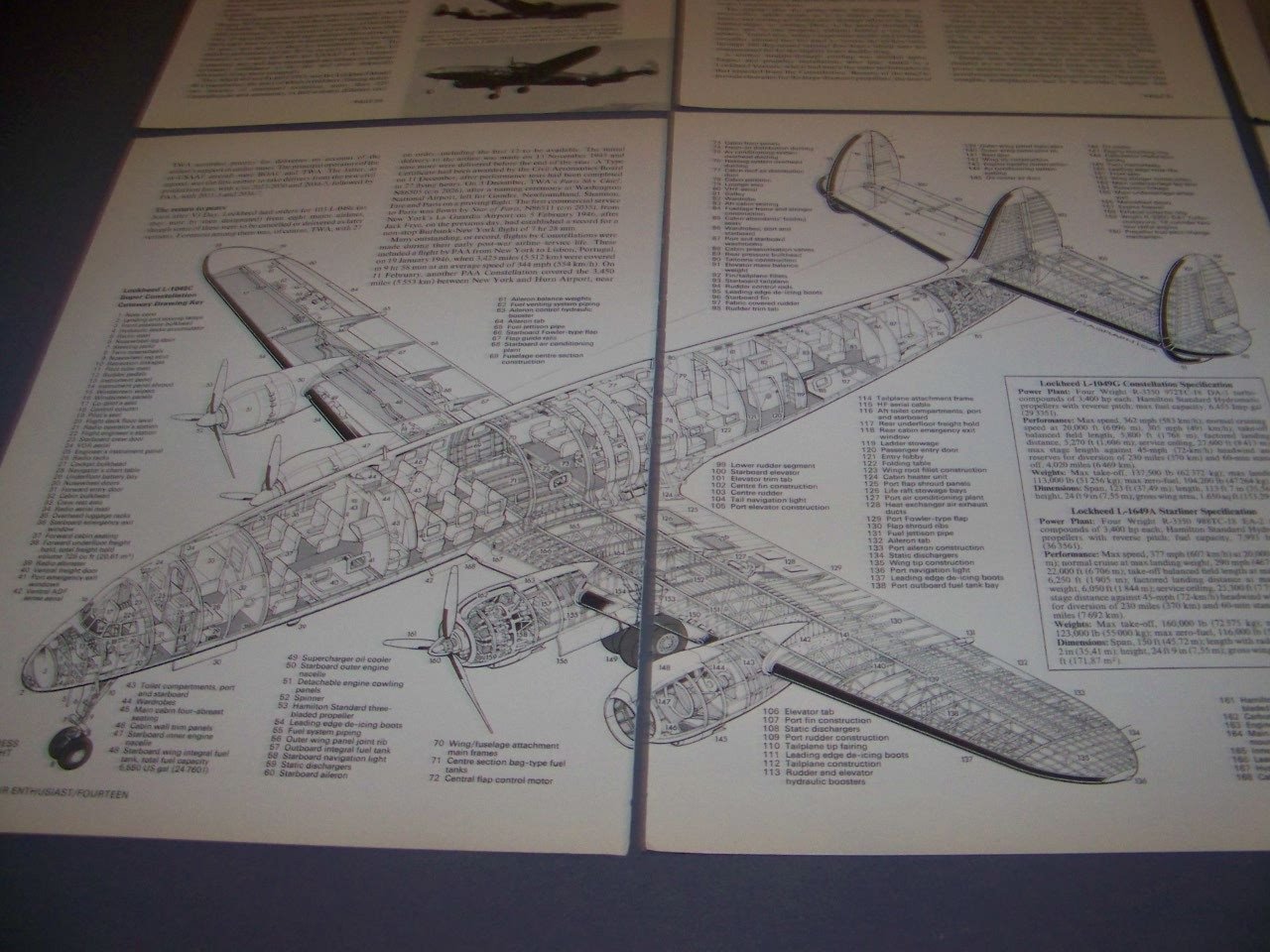 VINTAGE..LOCKHEED CONSTELLATION L-1049G..3-VIEWS/CUTAWAY/SPECS...RARE ...