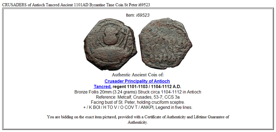 CRUSADERS of Antioch Tancred Ancient 1101AD Byzantine Time Coin St ...