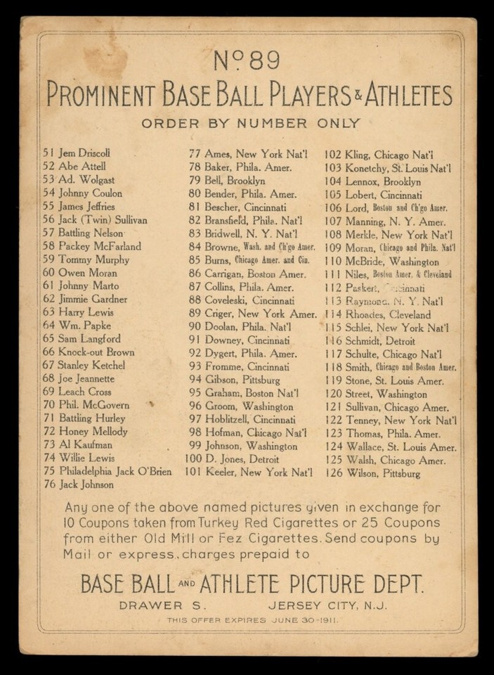 1910-11 T3 Turkey Red Set-Break # 89 Lou Criger VG-VGEX (crease ...