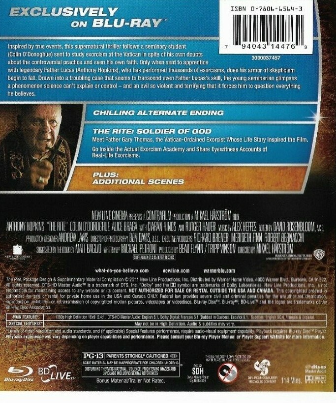 The Rite Anthony Hopkins Horror Exorcism Scary Supernatural Blu-ray ...