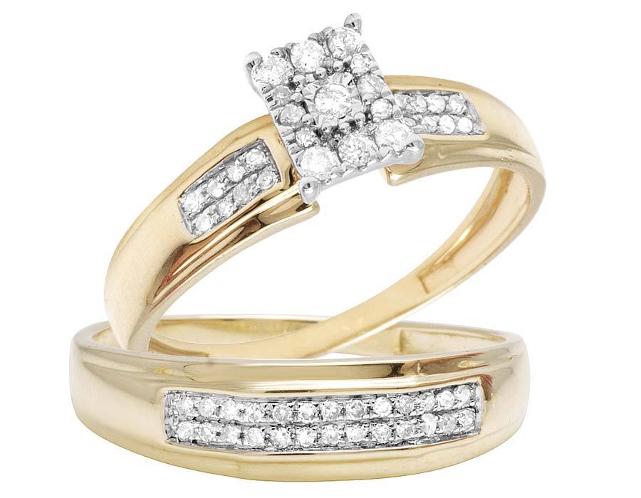 10K Yellow Gold Real Diamond Miracle Engagement Trio Bridal Ring Set ...