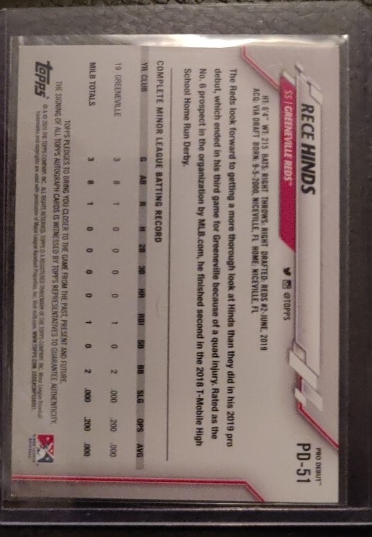 2020 Topps Pro Debut RECE HINDS Prospect Auto AUTOGRAPH Reds #PD-51 | eBay