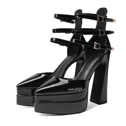 Women Platform Pointed Toe Chunky Heels Buckle Straps Pumps Casual ...