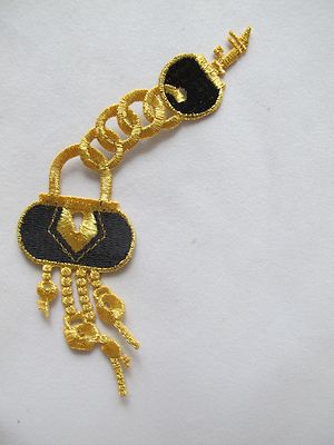 #2211 Gold,Black Love Lock,Key w/Gold Chain Embroidery Iron On Applique ...