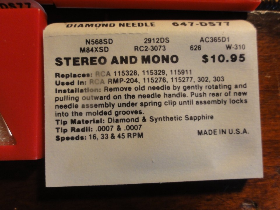 RCA VINTAGE PHONOGRAPH STYLUS SUPERB DIAMOND NEEDLE 647-DS77 DIAMOND ...
