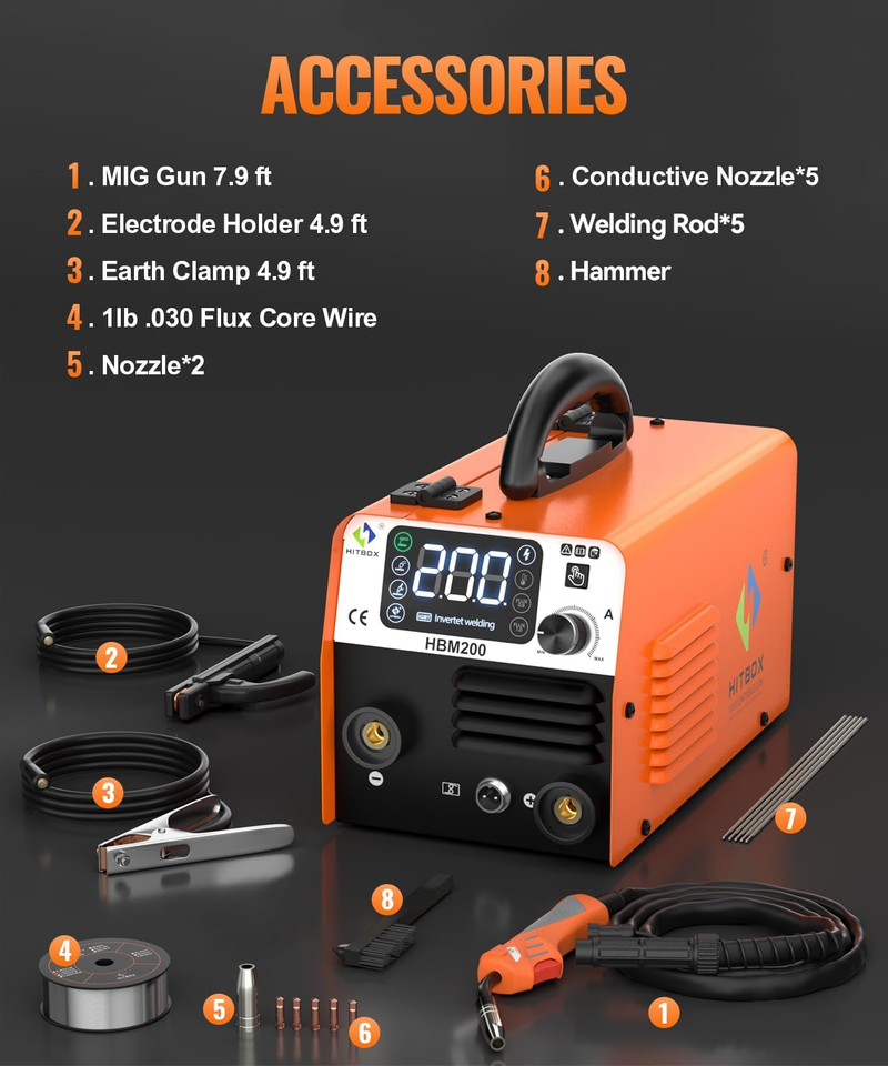 HITBOX 3IN1 MIG WELDER MMA DC 200Amp GASLESS 220V IGBT MINI MIG WELDING ...