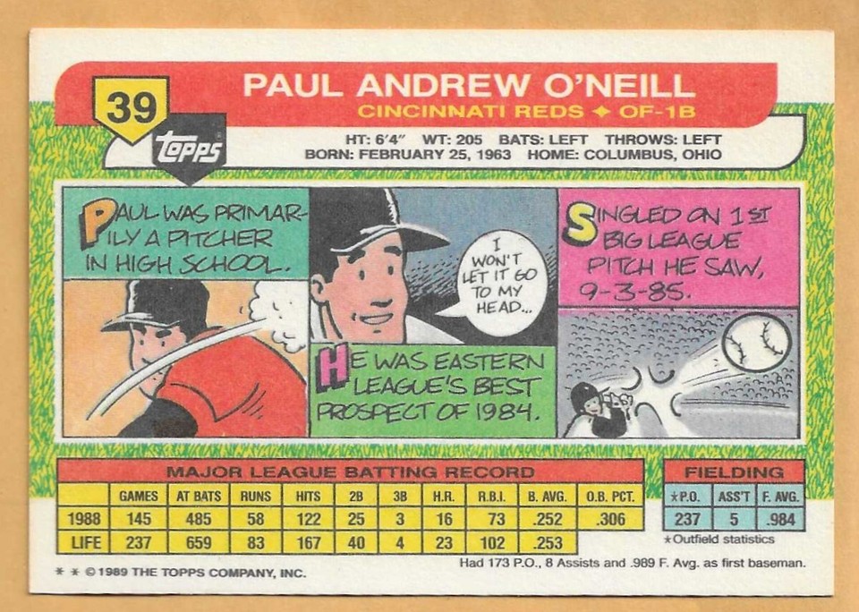 PAUL O'NEILL CINCINNATI REDS #39 - TOPPS BIG 1989 | eBay