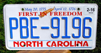 2016-2018 North Carolina FIRST IN FREEDOM License Plate (RANDOM PLATE ...