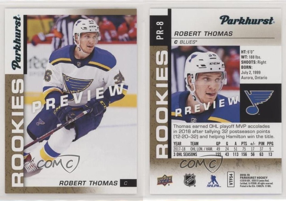 2018-19 Upper Deck Parkhurst Rookies Previews Gold Robert Thomas #PR-8 ...