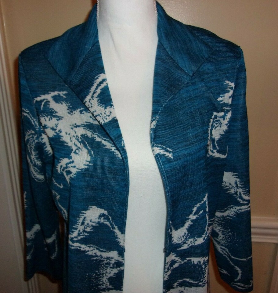 NWT Misook Heritage Fit Blue/Black/White Open Front Knit Jacket S $428 ...