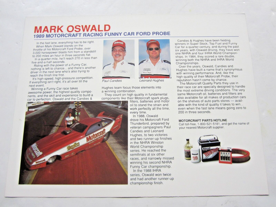 NHRA 1989 Mark Oswald Motorcraft Ford Probe Funny Car Drag Racing Track Handout | eBay