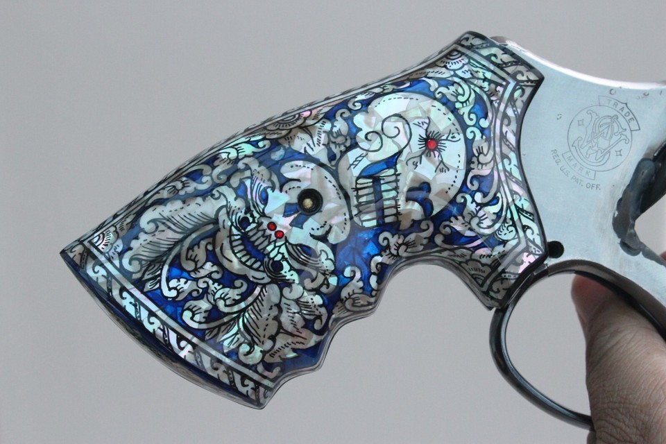 PEARL GRIPS FOR S&W N FRAME SQUARE/ROUND BUTT REVOLVER INLAY SKULL ART ...