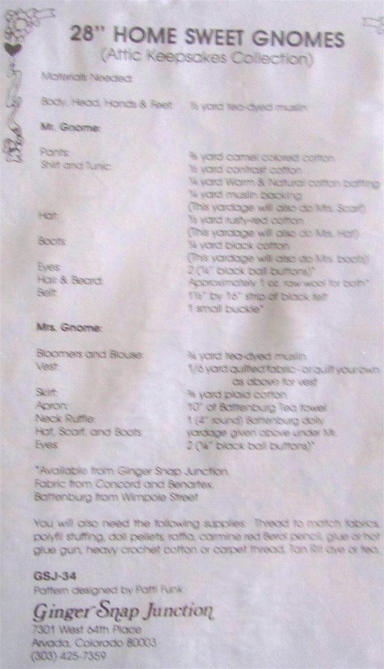 "Home Sweet Gnomes" by Ginger Snap Junction Sewing Pattern 28" Tall | eBay