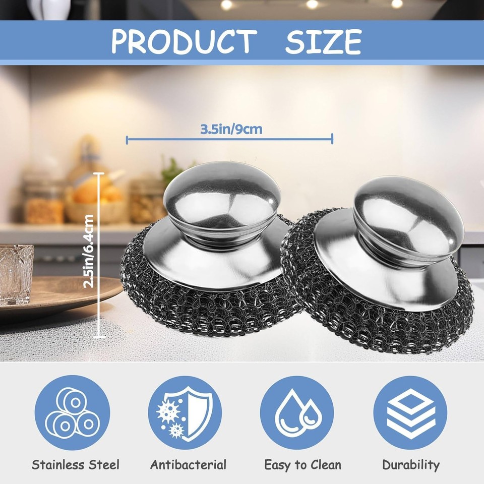 4Pcs Stainless Steel Scrubber with Handle Steel Wool Scrubber Tool for ...