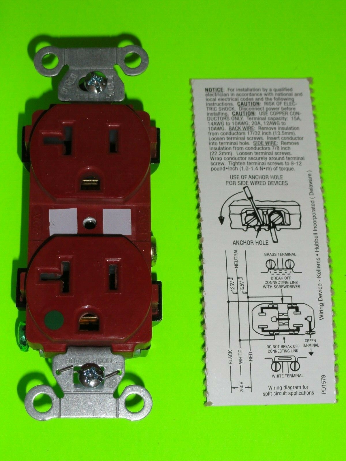 (6qty) HUBBELL 8300RED RED Duplex Receptacle 20A 125V 5-20R Hospital ...