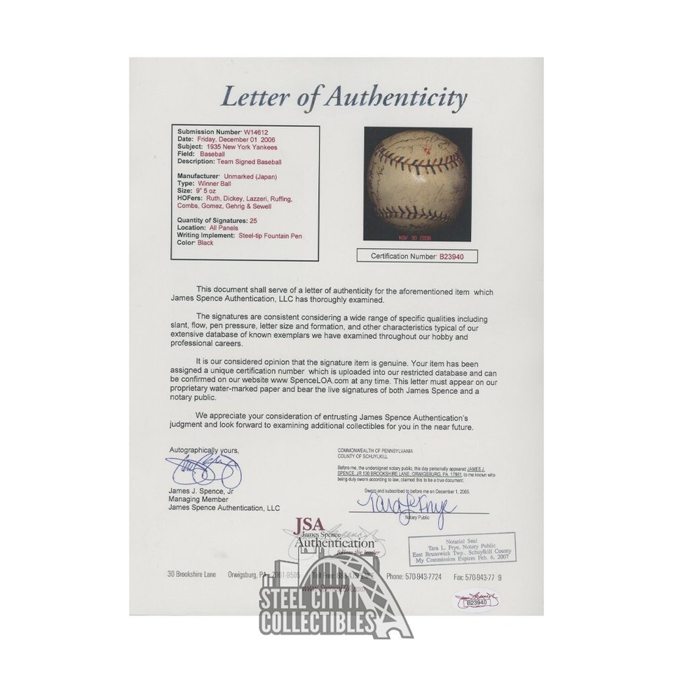 New York Yankees 1935 Autographed Signed Baseball - PSA/DNA -JSA (Ruth ...