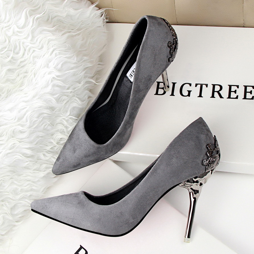 Women Black Metal Carving Heels Pumps Pointed Toe Stilettos Bridal ...