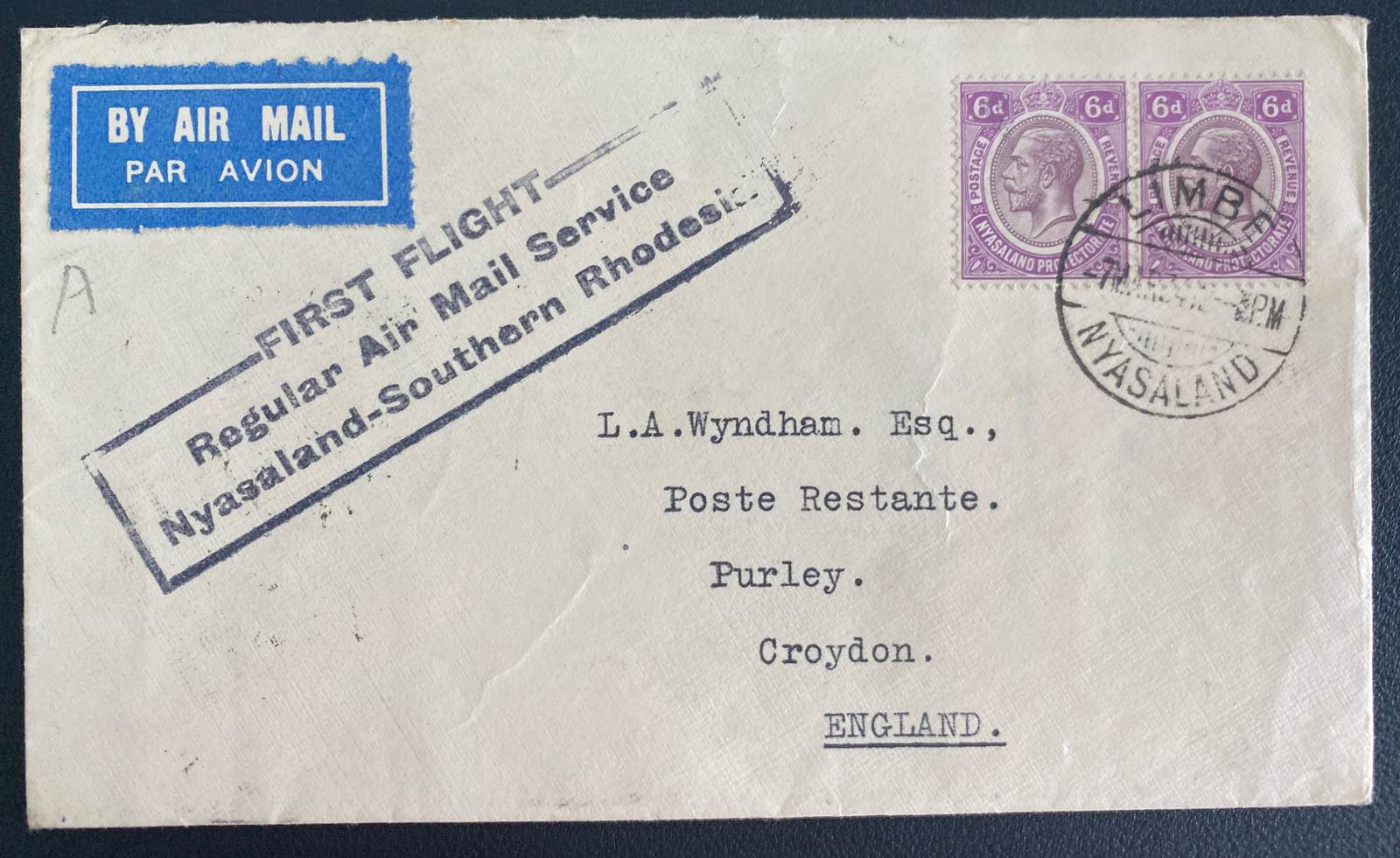 1934 Limbe Nyasaland First Flight Airmail Cover FFC To Croydon England ...