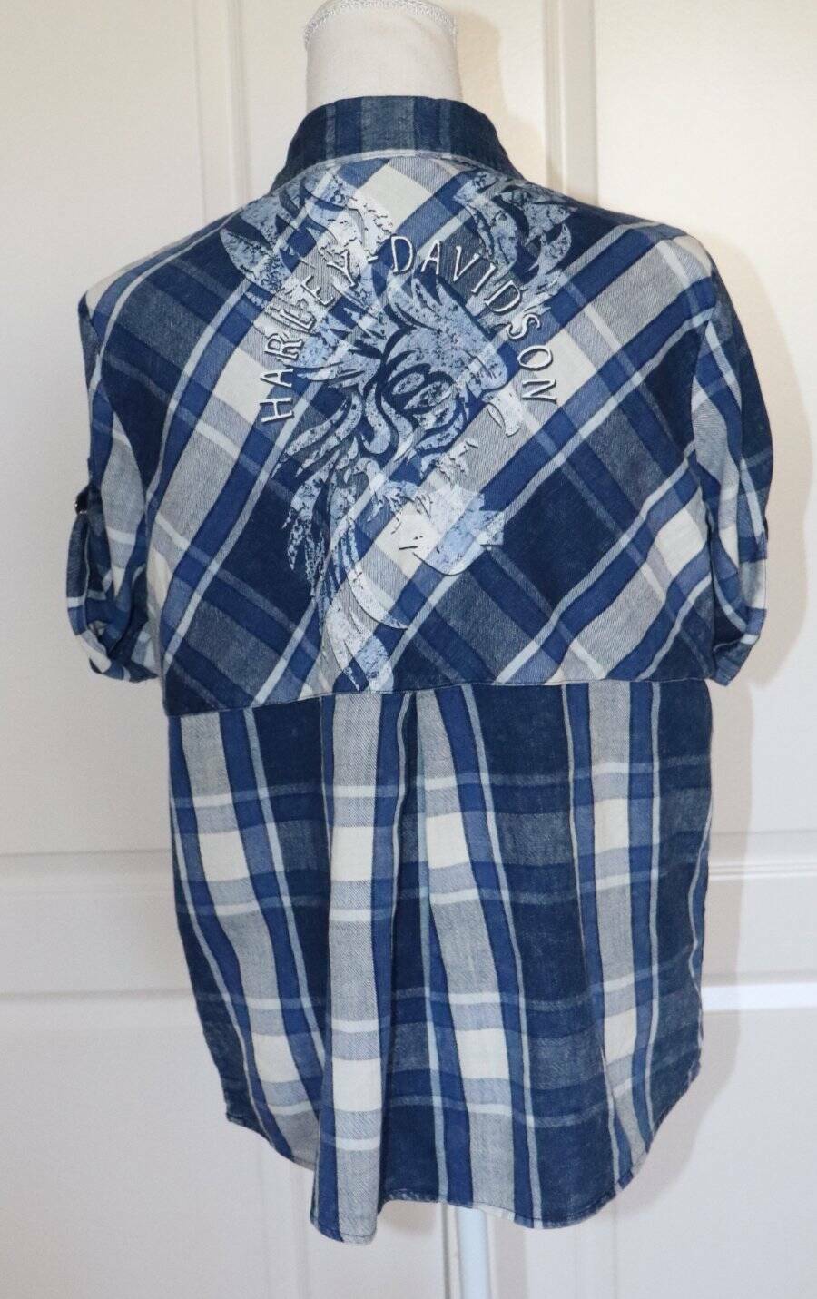 Harley Davidson Blue Plaid Flannel Short Sleeve Blous… - Gem