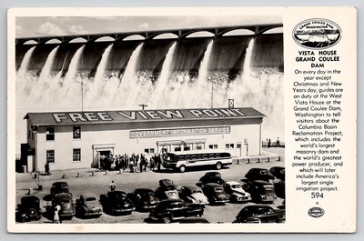 Grand Coulee Dam Vista House Old Cars Bus People RPPC Washington ...