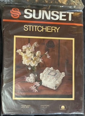 Vtg Sunset Stitchery Kit 2870 Tulips and Lace Box Finished 4" x 4" x 3 ...