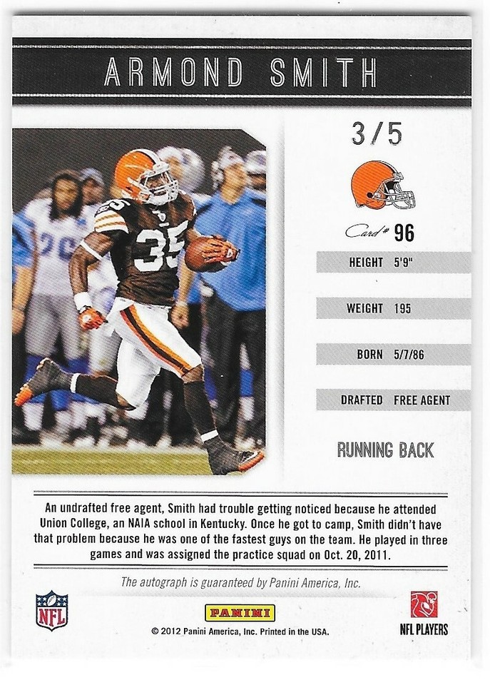 2012 PANINI PLAYBOOK #96 ARMOND SMITH GREEN AUTO #3/5 BROWNS UNION ...
