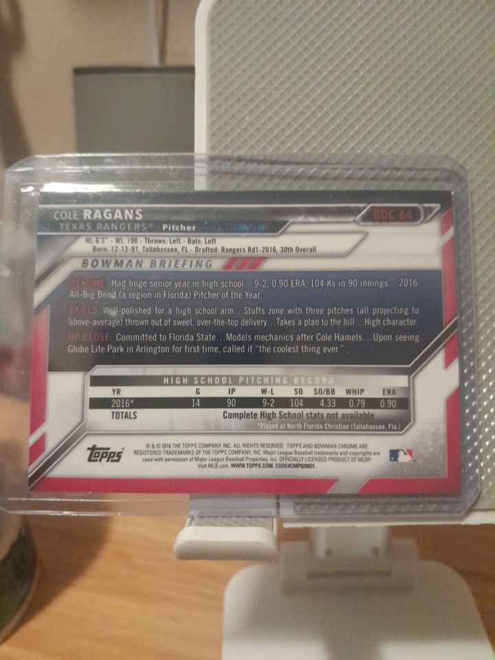 2016 1st Bowman Chrome Cole Ragans.mint.gem.sharp corners. A WINNER ...