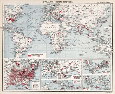 1907 World Commerce Map of Tobacco Cigar Smoke Shop Decor Tobacconist ...