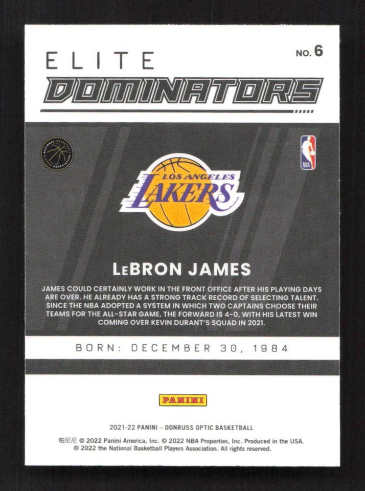 LeBron James 2021 Donruss Optic Elite Dominators Los Angeles Lakers #6 ...
