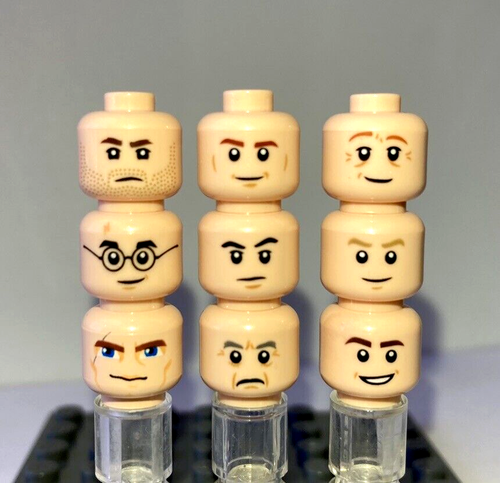 *NEW* REAL LEGO 9x Male Heads Lot Light Flesh Faces Smile Angry Scared ...