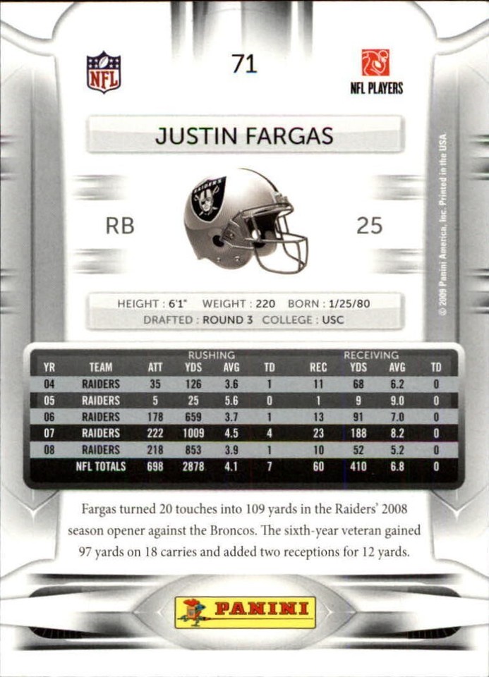 2009 Playoff Prestige Football Card #71 Justin Fargas | eBay